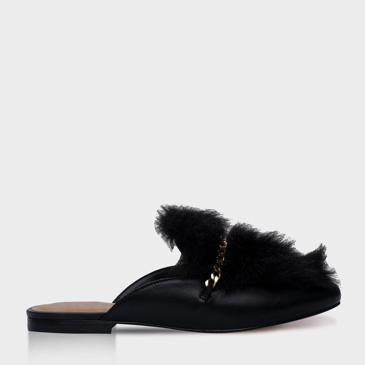 Mule Pelo Fur em Couro Preto