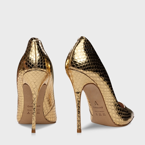 Scarpin Loretta Salto Alto Fino em Couro Snake Metalizado Gold