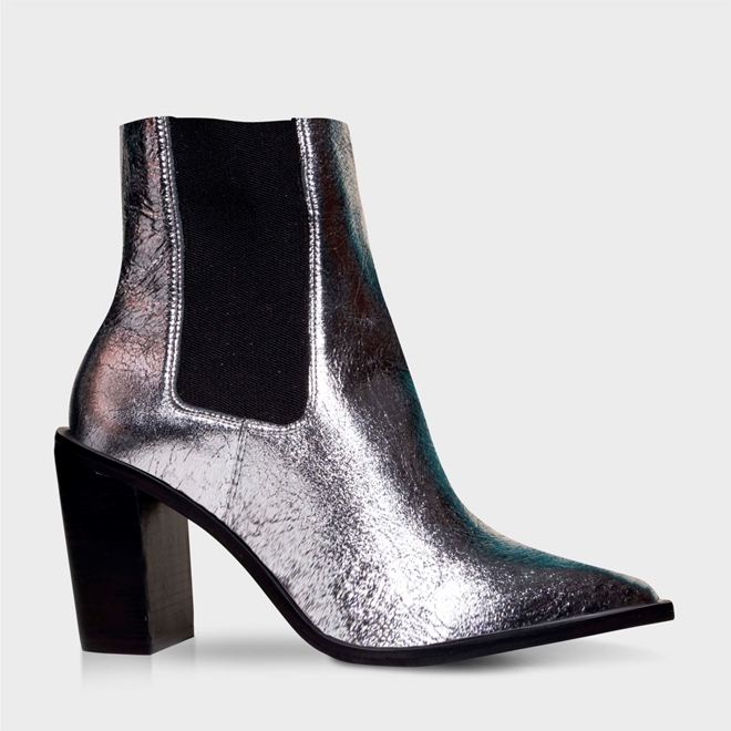 Bota Simple Bico Fino Salto Alto Bloco em Couro Metalizado Silver