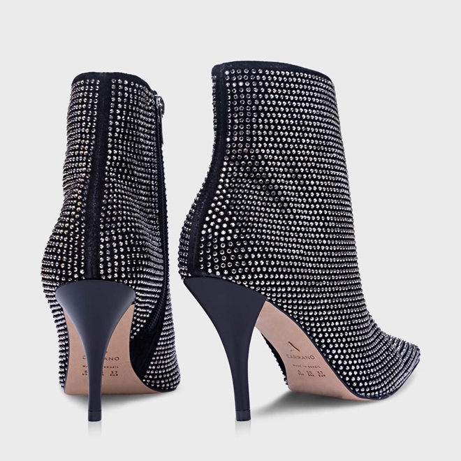 Bota Crystal Cano Curto Salto Fino Couro Suede Preto