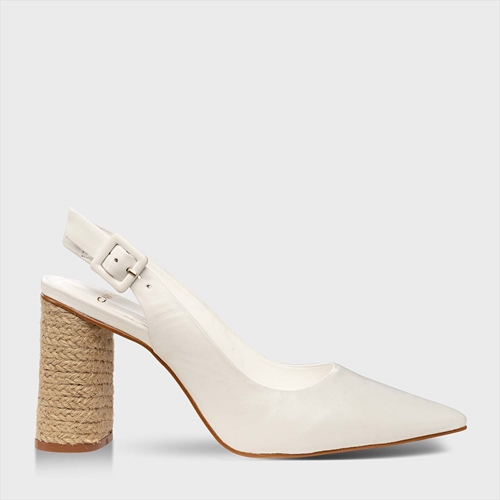 Scarpin Slingback String Salto Oval Couro Branco