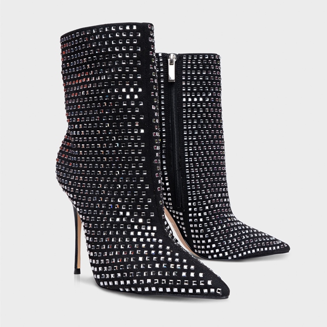 Bota Crystal Cano Médio Couro Suede Preto