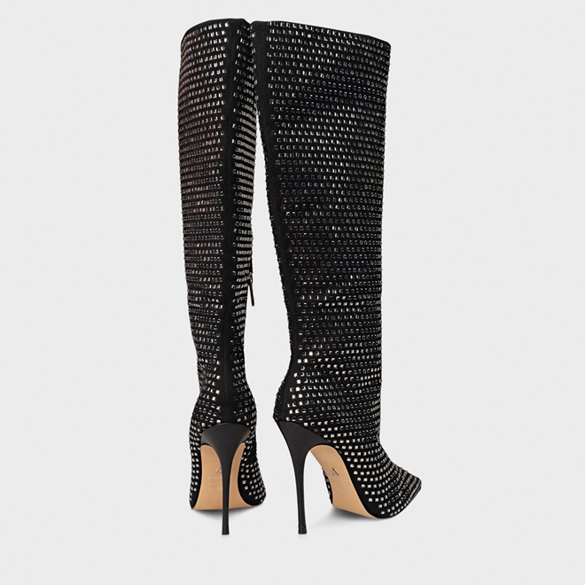 Bota Crystal Cano Longo Couro Suede Preto