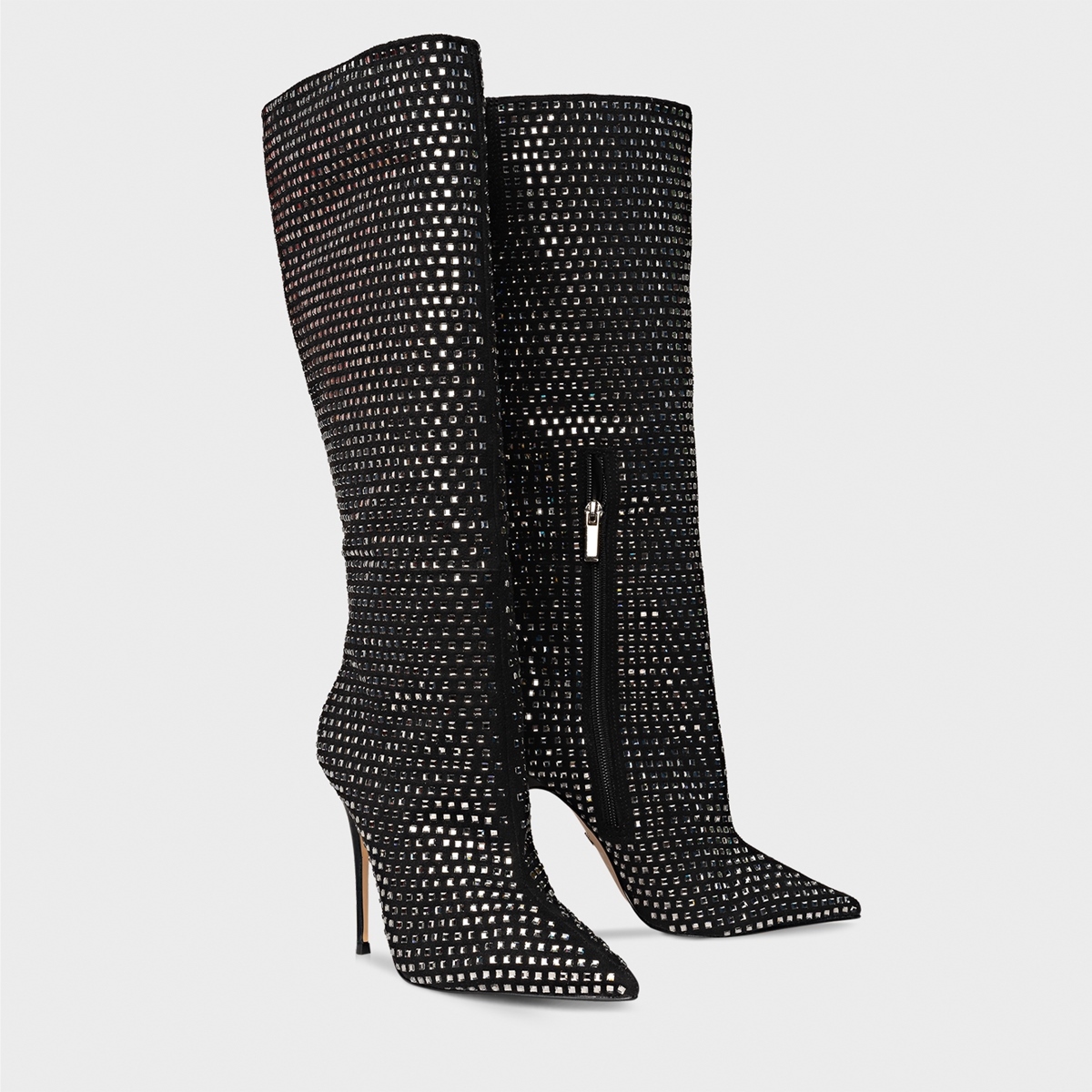 Bota Crystal Cano Longo Couro Suede Preto