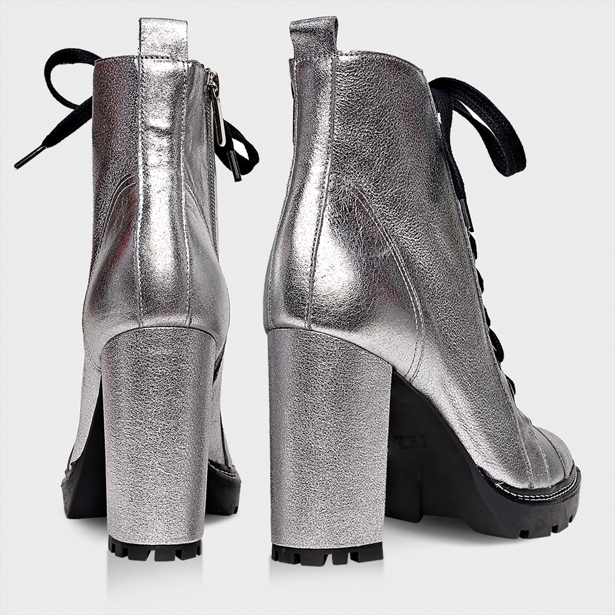 Bota Coturno Salto Bloco Couro Crack Silver