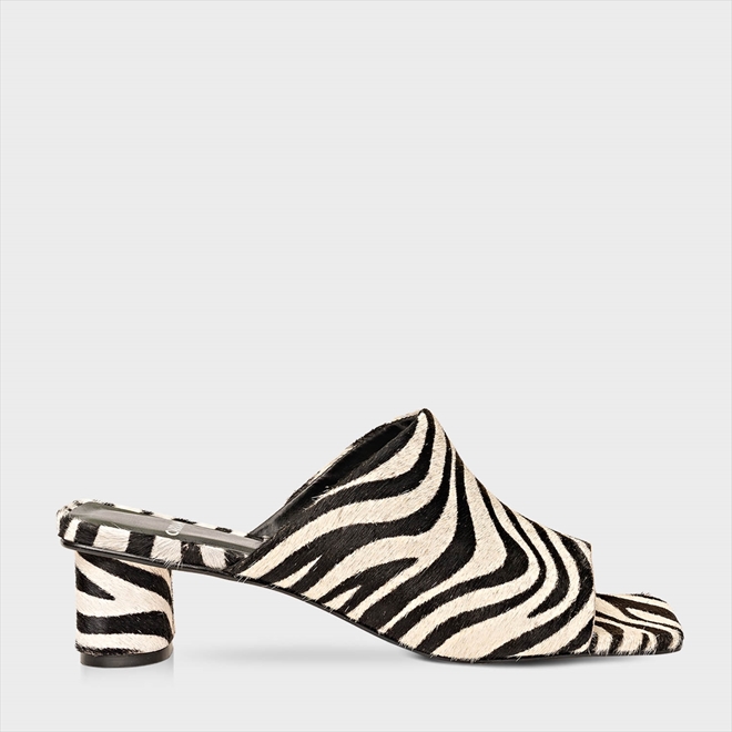 Open Mule Salto Médio Oval Pelo Animal Print Zebra