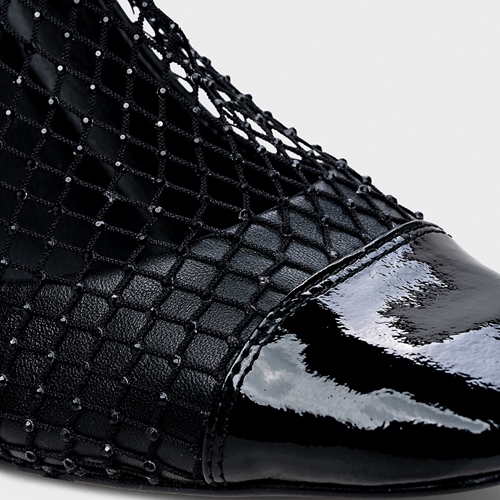 Bota Tela Salto Bloco Couro Preto