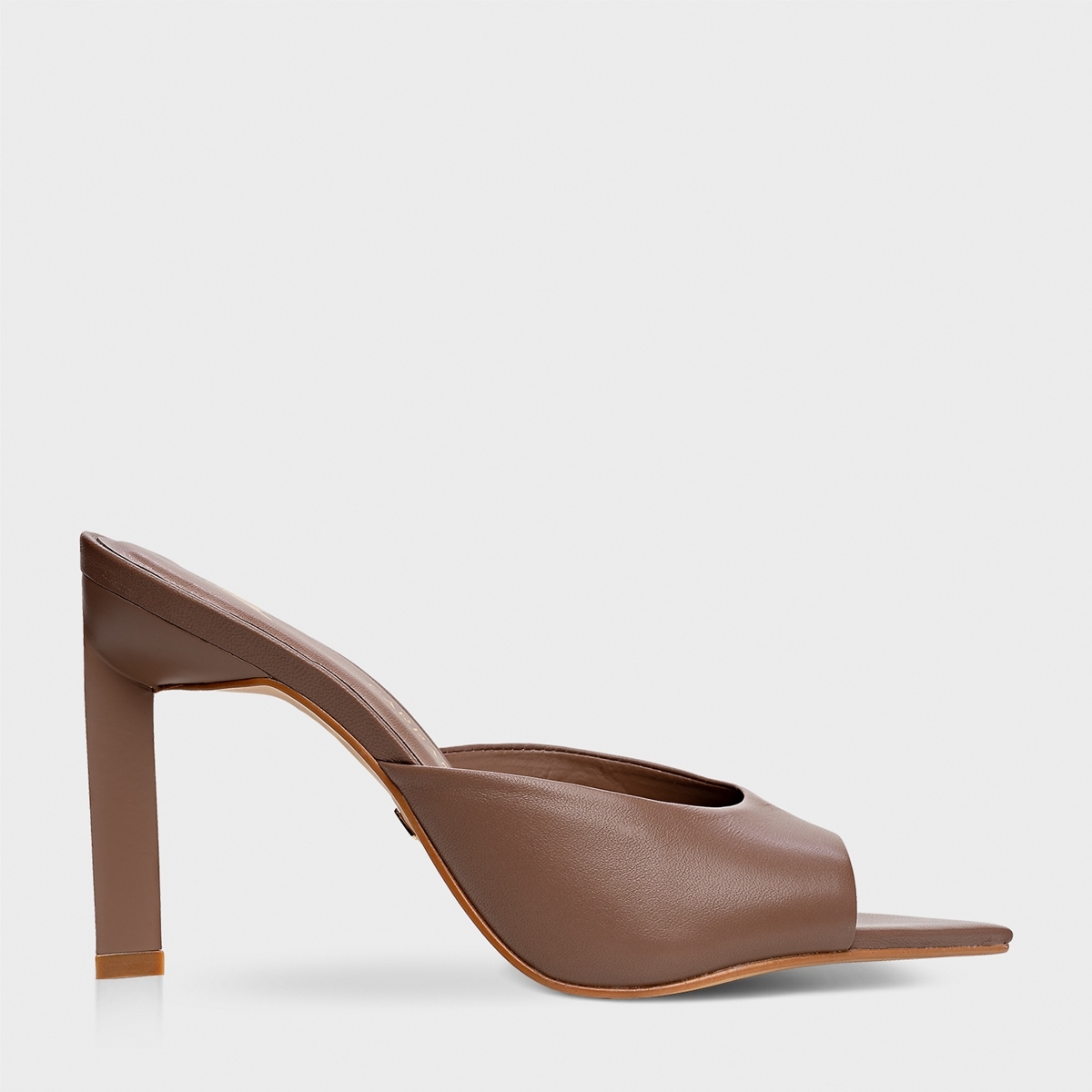 Open Mule Bico Folha Salto Fino Couro Marrom Mocha