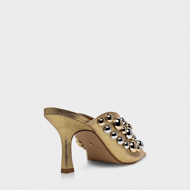 Open Mule Balls Salto Fino Couro Metalizado Gold