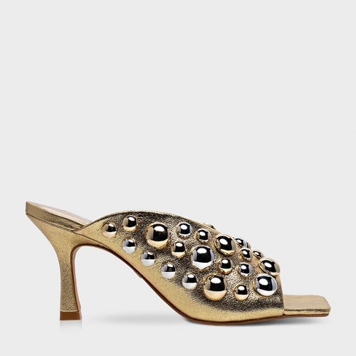 Open Mule Balls Salto Fino Couro Metalizado Gold