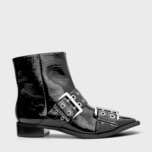 Bota Rock Maxi Fivela Ilhós Couro Verniz Preto